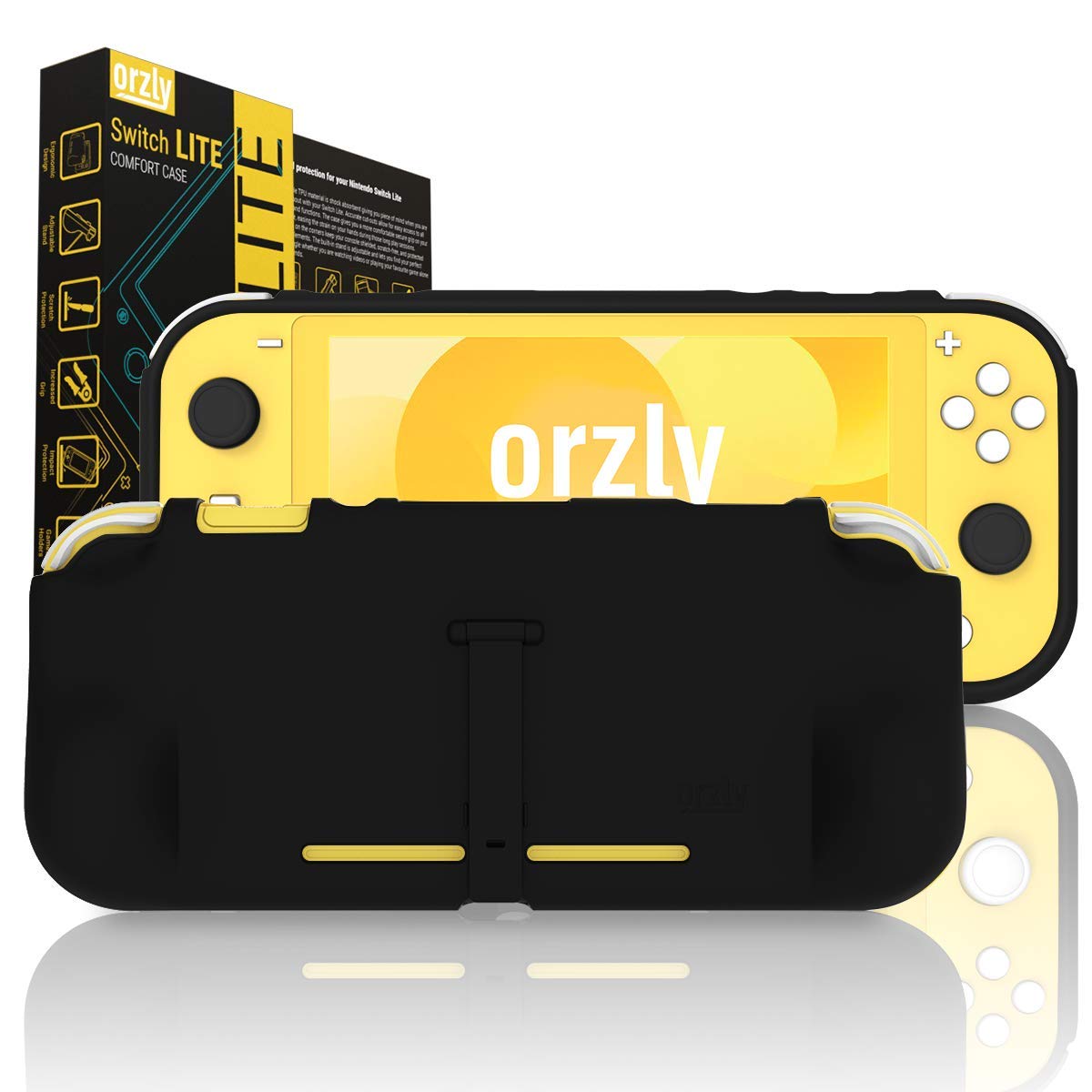 Orzly Grip Case for Nintendo Switch Lite – Case with Comfort Padded Hand Grips, Kickstand, Pack of Thumb Grips - Black