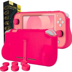 Orzly Grip Case Compatible for use with Nintendo Switch Lite – Case with Comfort Padded Hand Grips, Kickstand, & Pack of Thumb Grips - Pink