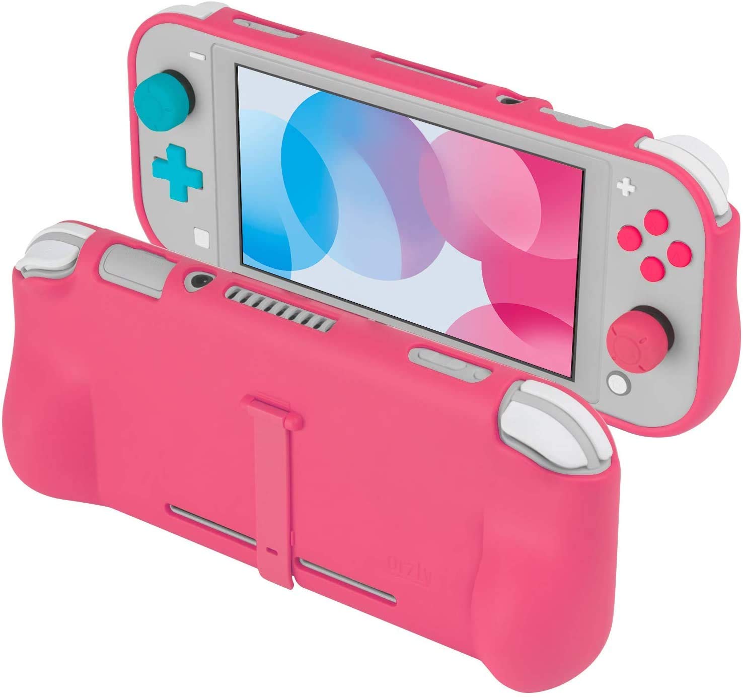 Orzly Grip Case Compatible for use with Nintendo Switch Lite – Case with Comfort Padded Hand Grips, Kickstand, & Pack of Thumb Grips - Pink