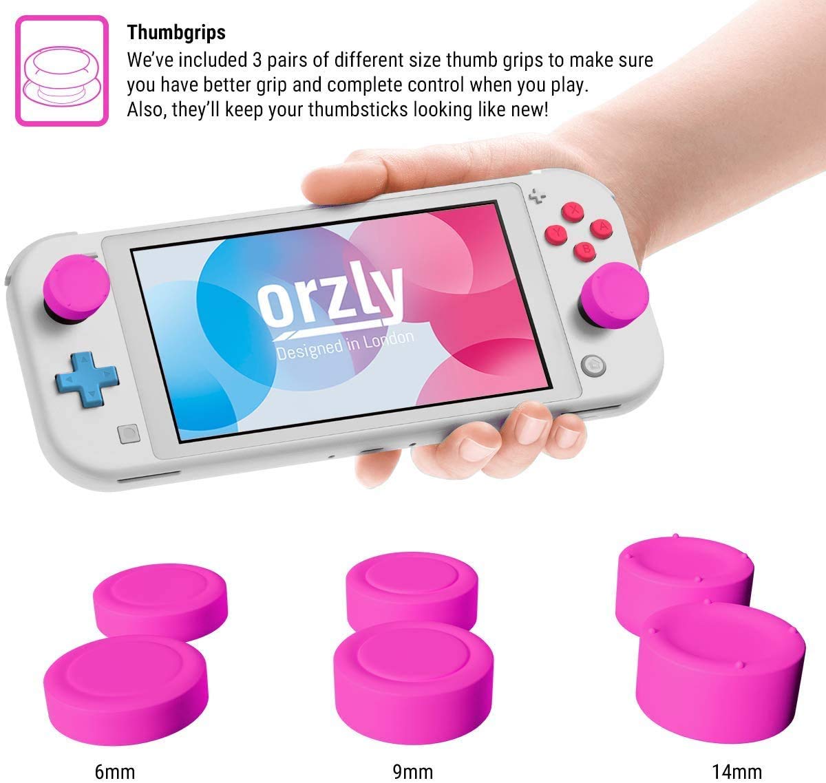 Orzly Grip Case Compatible for use with Nintendo Switch Lite – Case with Comfort Padded Hand Grips, Kickstand, & Pack of Thumb Grips - Pink