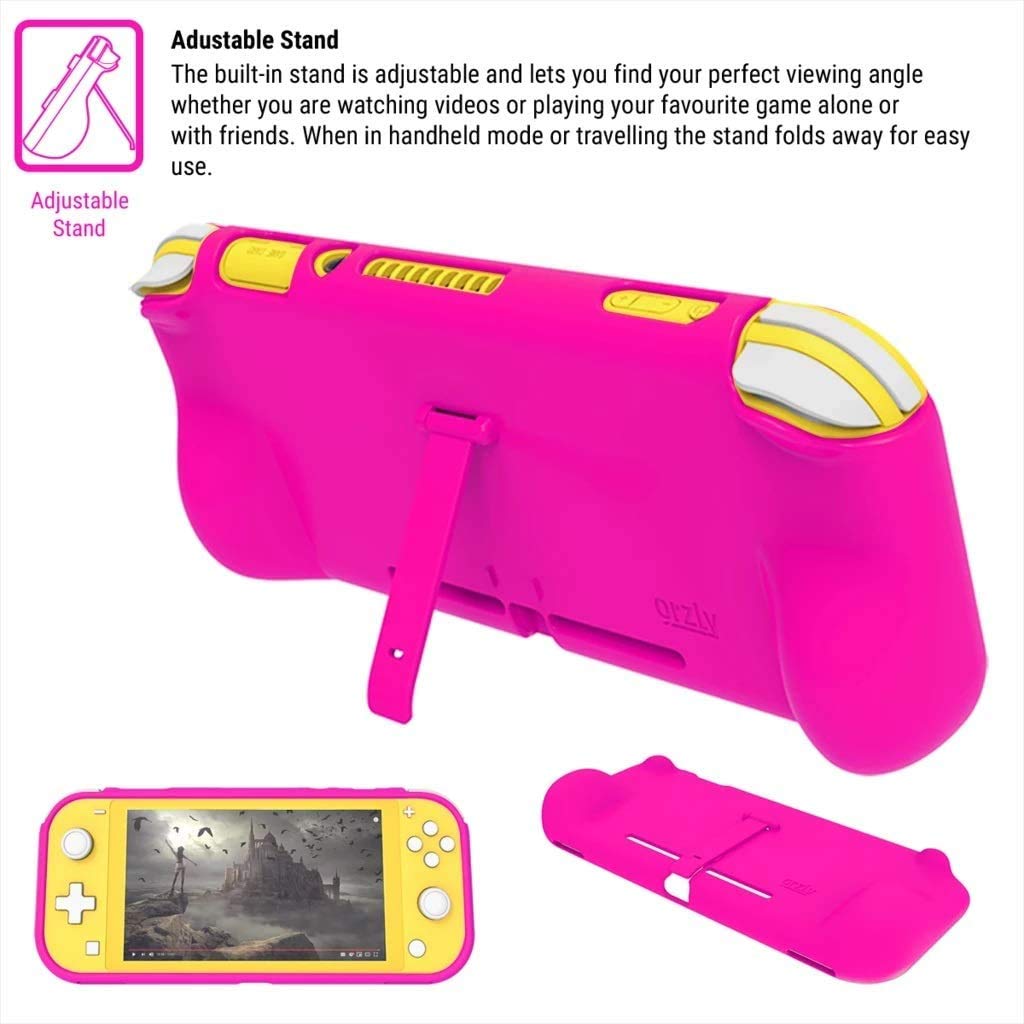 Orzly Grip Case Compatible for use with Nintendo Switch Lite – Case with Comfort Padded Hand Grips, Kickstand, & Pack of Thumb Grips - Pink