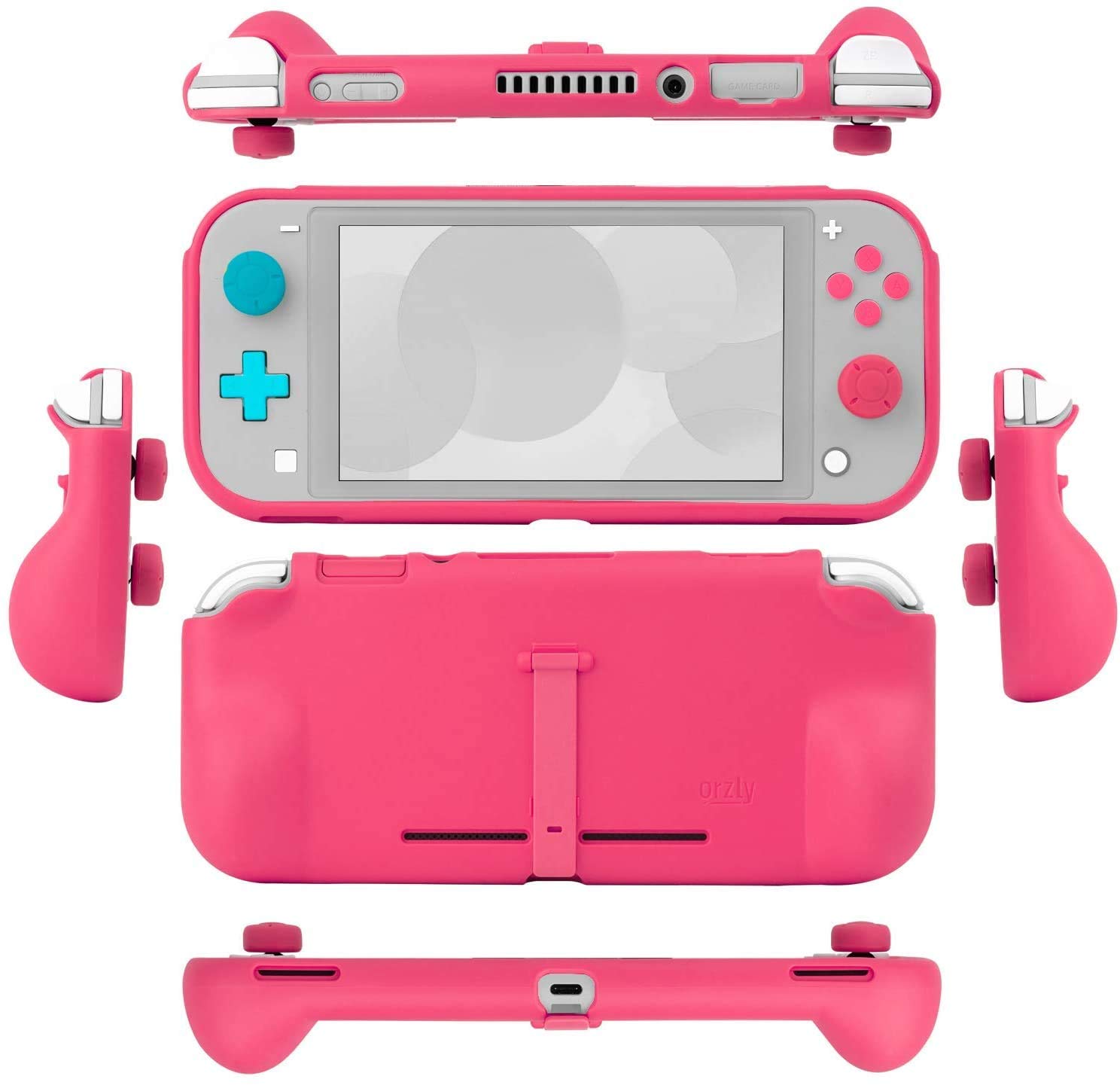 Orzly Grip Case Compatible for use with Nintendo Switch Lite – Case with Comfort Padded Hand Grips, Kickstand, & Pack of Thumb Grips - Pink