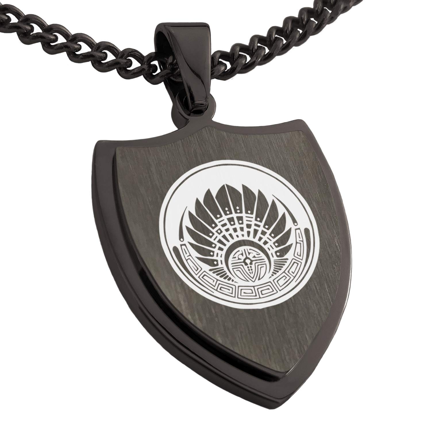 Tioneer Gunmetal Stainless Steel Mayan Quetzalcoatl Headdress Rune Shield Pendant Necklace