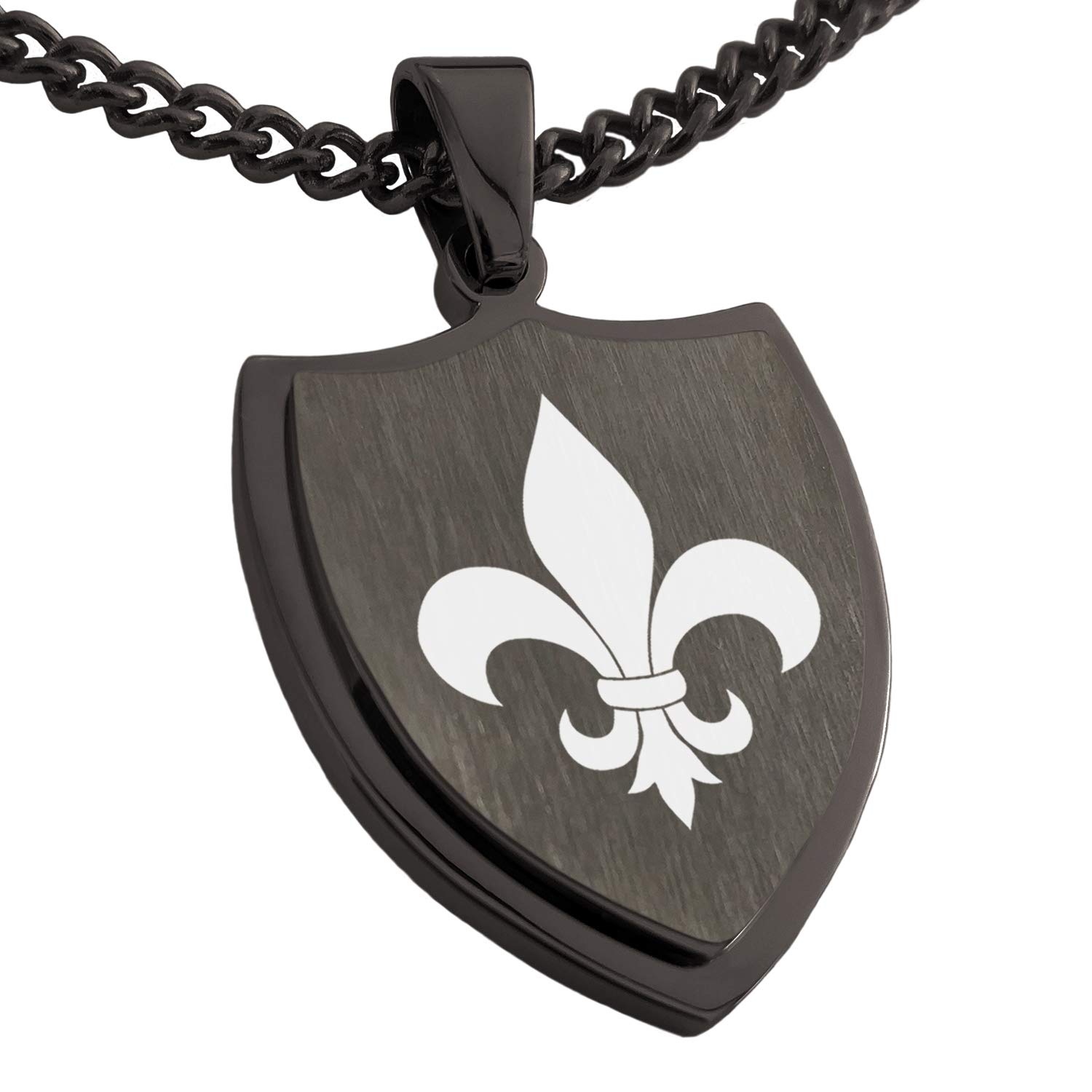 Tioneer Gunmetal Stainless Steel Fleur De Lis Shield Pendant Necklace