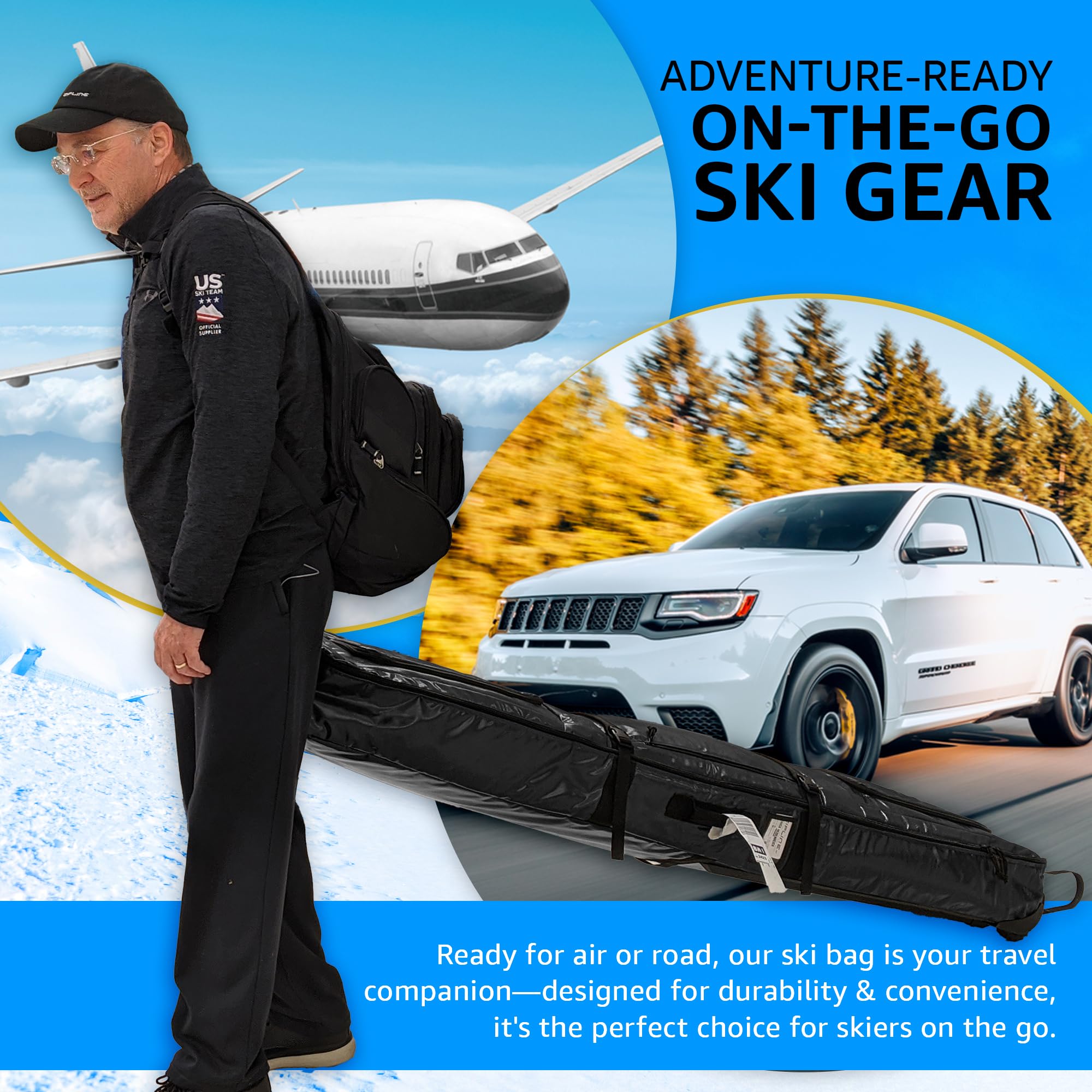 Zipline Ski Double Ski Bag with Wheels - Gear & Apparel Storage for Skiers - 180/200 cm Capacity - Durable & Waterproof Backpack - Proven Performance - 3 Yr Warranty - Ski & Snowboard Travel Bag