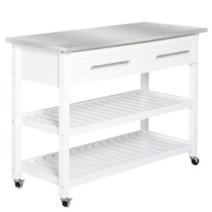 homcom kitchen island rolling utility trolley cart with 2 drawers stainless steel top - white