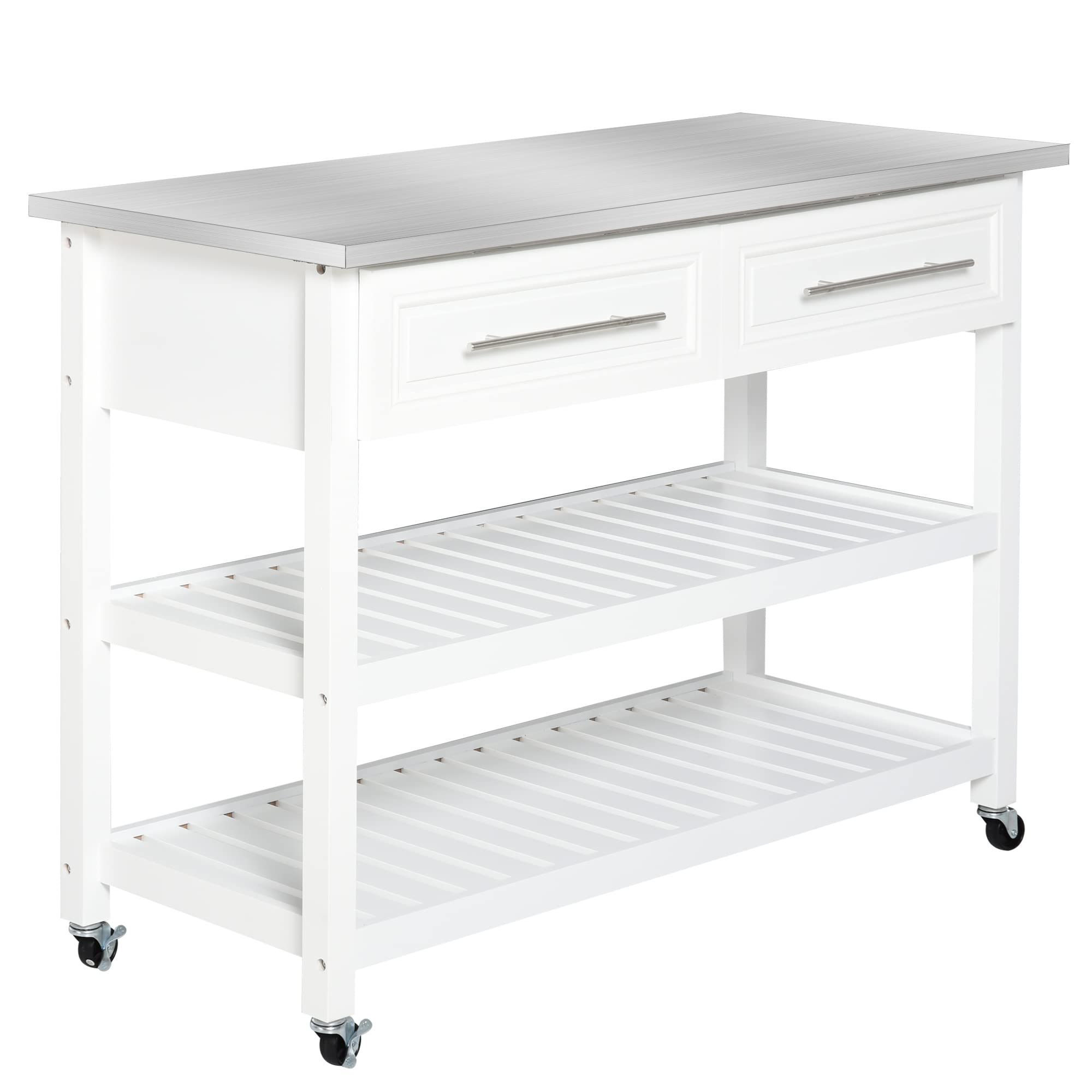 HOMCOM Kitchen Island Rolling Utility Trolley Cart with 2 Drawers Stainless Steel Top - White