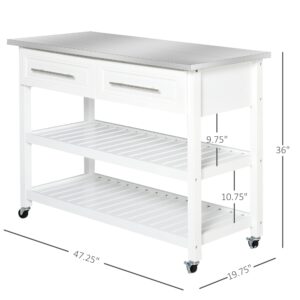 HOMCOM Kitchen Island Rolling Utility Trolley Cart with 2 Drawers Stainless Steel Top - White