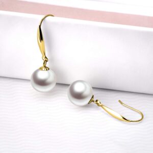 18k Real Yellow Gold Dangle Earrings for Women, Cultured Freshwater Pearl Drop Earring, 8mm (yellow-gold)