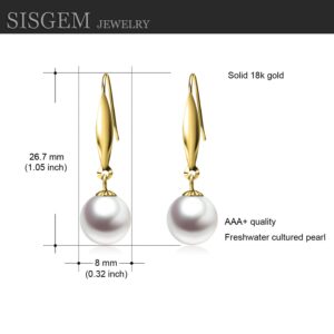 18k Real Yellow Gold Dangle Earrings for Women, Cultured Freshwater Pearl Drop Earring, 8mm (yellow-gold)