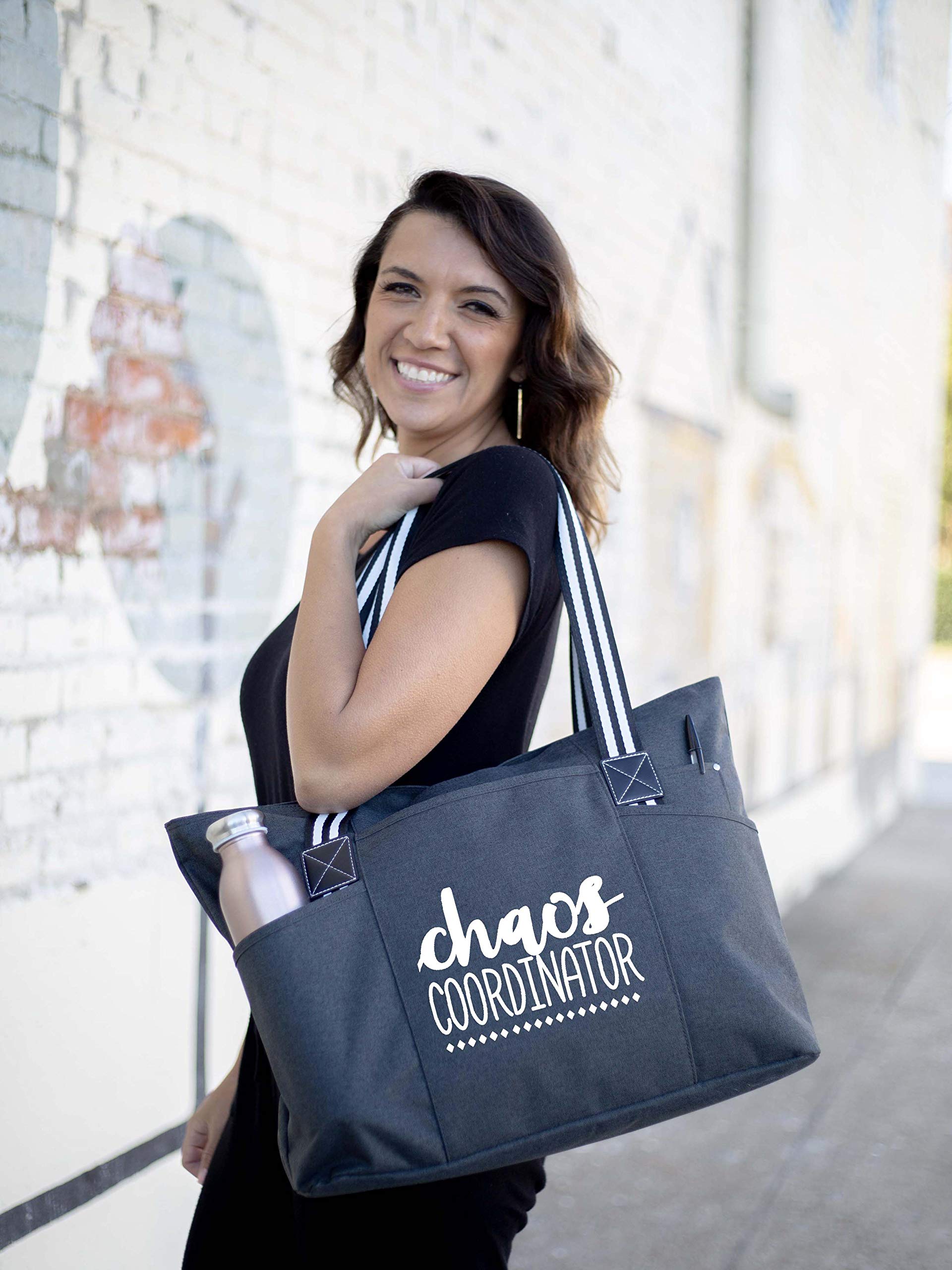 Brooke & Jess Designs Chaos Coordinator Tessa Black Zipper Canvas Tote Bag - Gift Ideas for Female Bosses, Thank You Office Appreciation Gift