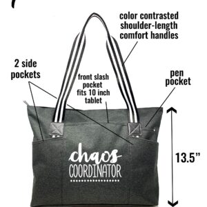 Brooke & Jess Designs Chaos Coordinator Tessa Black Zipper Canvas Tote Bag - Gift Ideas for Female Bosses, Thank You Office Appreciation Gift