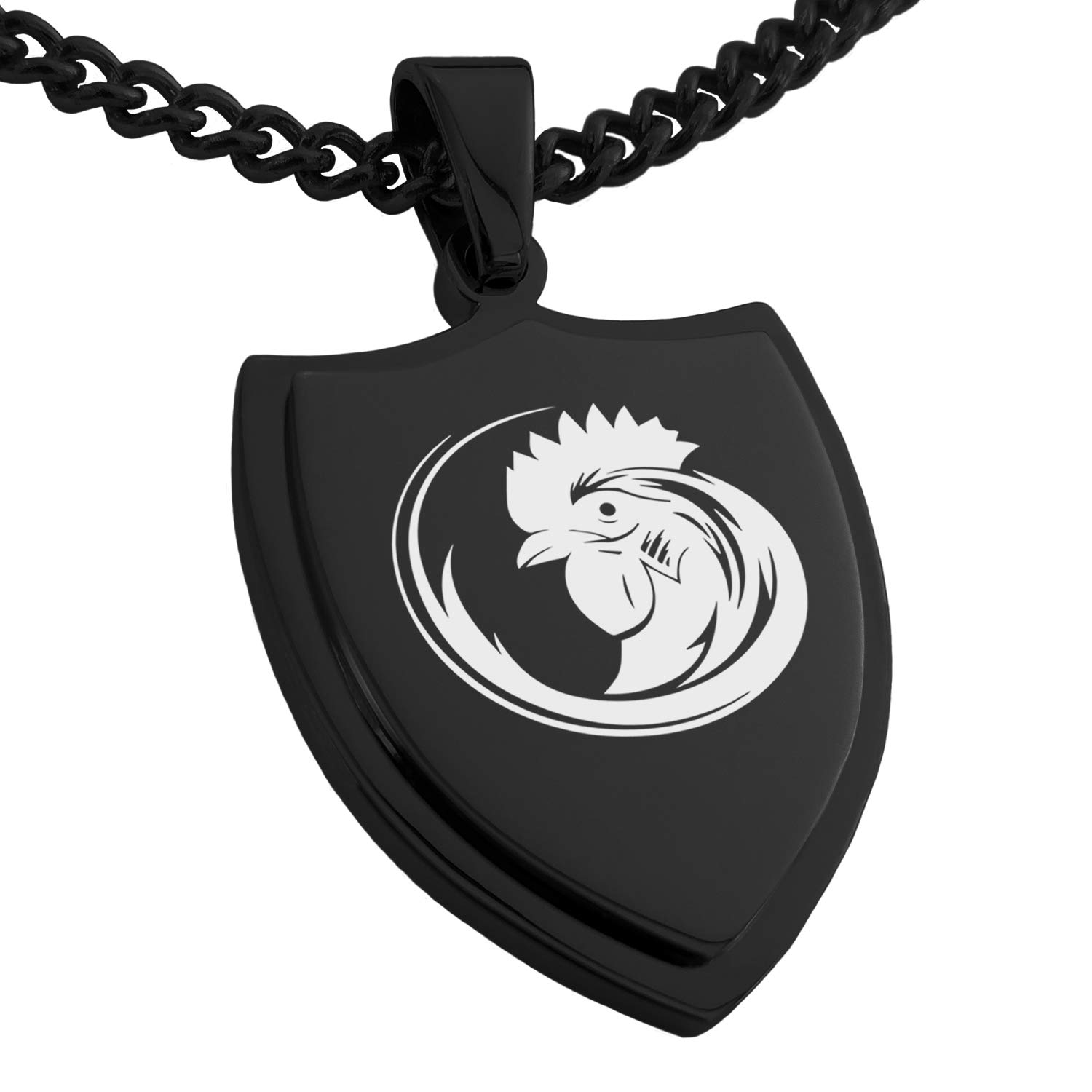 Tioneer Black Stainless Steel Tribal Rooster Shield Pendant Necklace