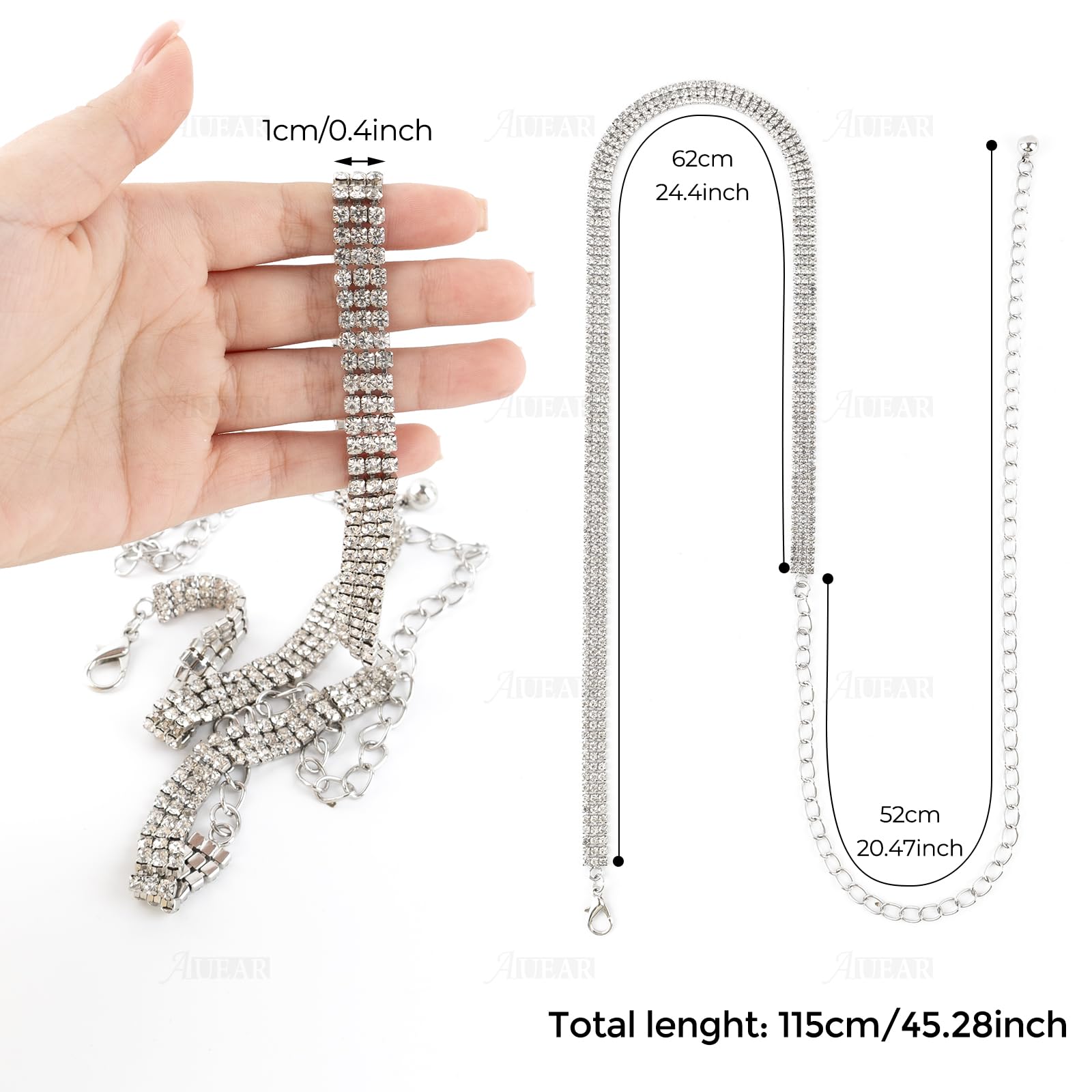 AUEAR, Fashion Silver Crystal Waist Buckle Belt Metal Chain Dress Belt Rhinestone Chain for Women Wedding Party Decor