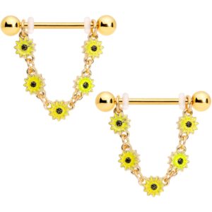 body candy 14g womens nipplerings piercing pvd steel 2pc yellow sunflower dangle nipple ring set 3/4"