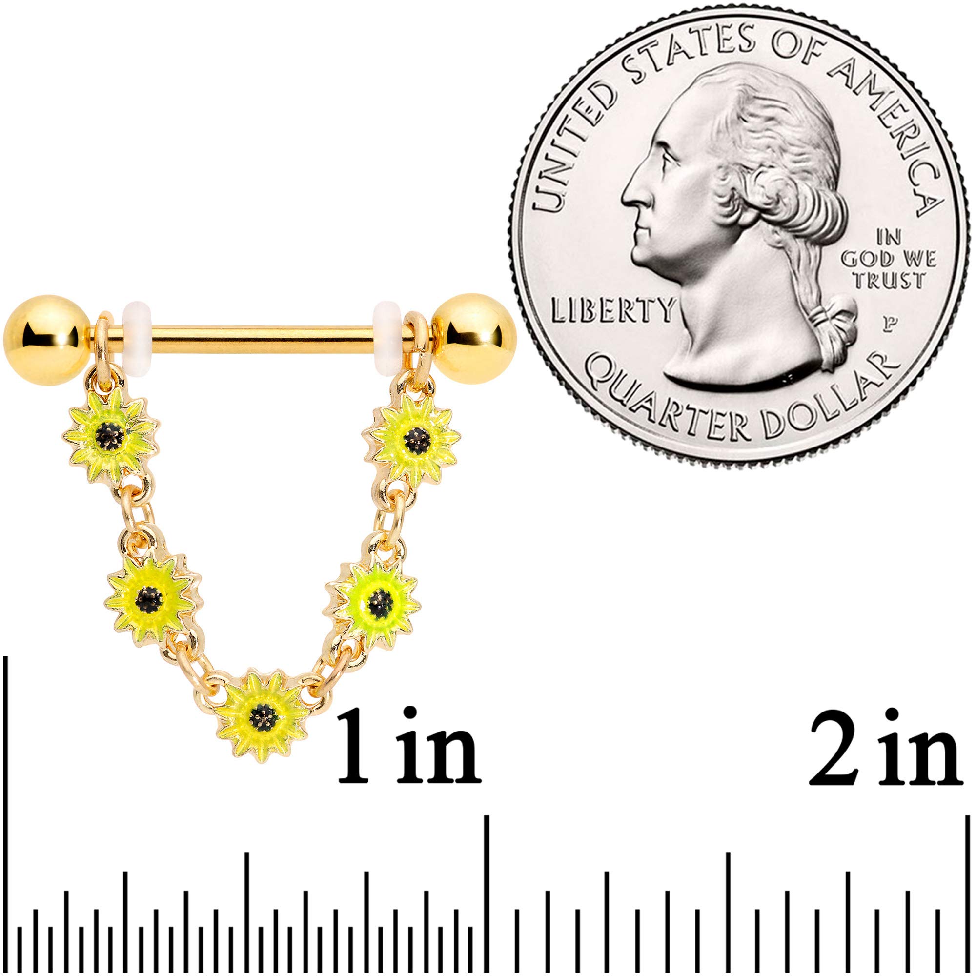 Body Candy 14G Womens Nipplerings Piercing PVD Steel 2Pc Yellow Sunflower Dangle Nipple Ring Set 3/4"