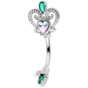 body candy 14g 316l steel navel ring piercing green accent queen heart key double mount belly button ring