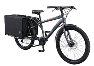 mongoose envoy cargo bike with 26-inch wheels in grey, small/medium frame, with 8-speeds, shimano drivetrain, aluminum cargo frame, internal cable routing, mechanical disc brakes, and center kickstand