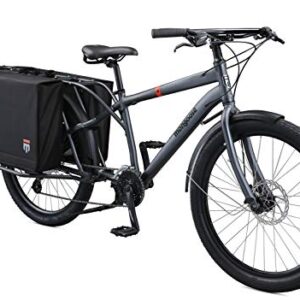 Mongoose Envoy Cargo Bike with 26-Inch Wheels in Grey, Small/Medium Frame, with 8-Speeds, Shimano Drivetrain, Aluminum Cargo Frame, Internal Cable Routing, Mechanical Disc Brakes, and Center Kickstand