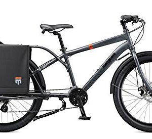 Mongoose Envoy Cargo Bike with 26-Inch Wheels in Grey, Small/Medium Frame, with 8-Speeds, Shimano Drivetrain, Aluminum Cargo Frame, Internal Cable Routing, Mechanical Disc Brakes, and Center Kickstand