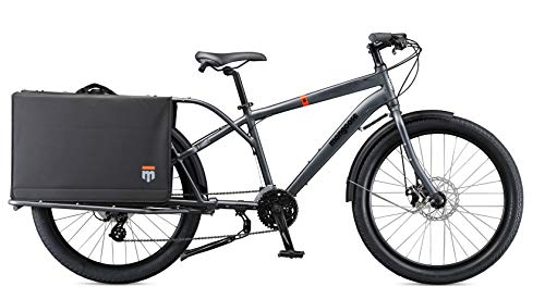 Mongoose Envoy Cargo Bike with 26-Inch Wheels in Grey, Small/Medium Frame, with 8-Speeds, Shimano Drivetrain, Aluminum Cargo Frame, Internal Cable Routing, Mechanical Disc Brakes, and Center Kickstand