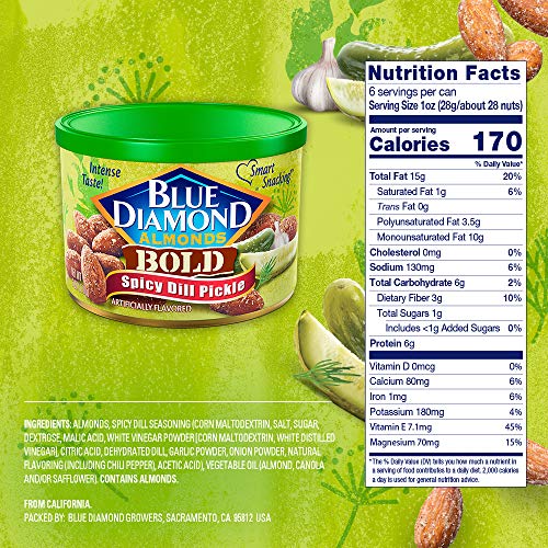 Blue Diamond Almonds Spicy Dill Pickle Flavored Snack Nuts, 6 Oz Resealable Can (Pack of 1)