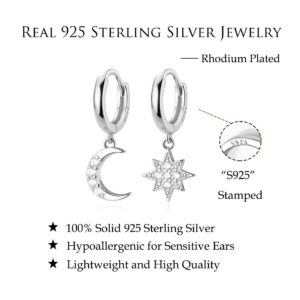 Reffeer Solid 925 Sterling Silver Star Moon Hoop Huggie Earrings Drops for Women Teen Girls Crystal Moon Star Hoop Earrings Dangle (A-Silver)