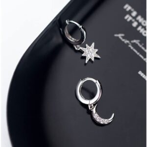 Reffeer Solid 925 Sterling Silver Star Moon Hoop Huggie Earrings Drops for Women Teen Girls Crystal Moon Star Hoop Earrings Dangle (A-Silver)