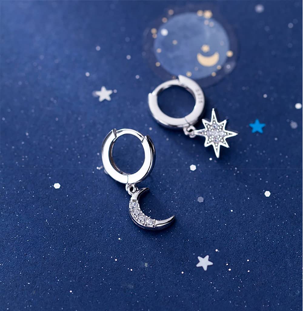 Reffeer Solid 925 Sterling Silver Star Moon Hoop Huggie Earrings Drops for Women Teen Girls Crystal Moon Star Hoop Earrings Dangle (A-Silver)