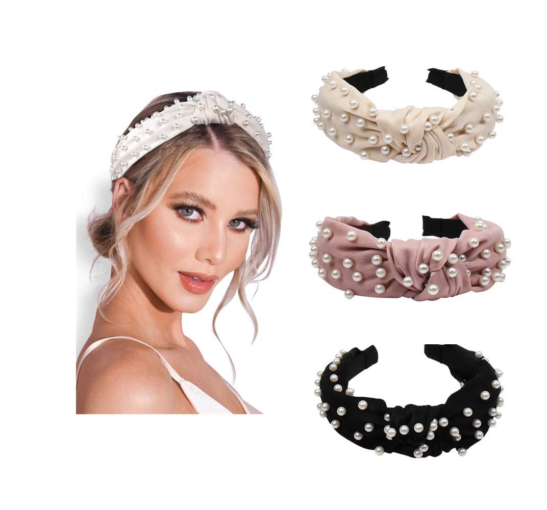 FEDANS Pearl Headbands Knotted Headbands for Women 3 Colors, Knot Turban Headband Fashion Hair Bands Wide Headbands