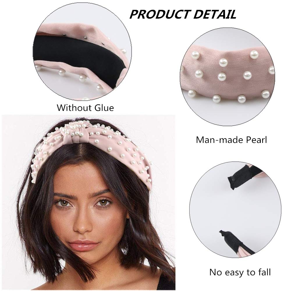 FEDANS Pearl Headbands Knotted Headbands for Women 3 Colors, Knot Turban Headband Fashion Hair Bands Wide Headbands