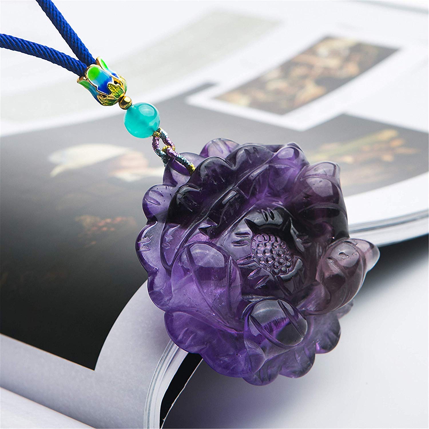 Muko Gemstone Natural Purple Amethyst Quartz Crystal Flower Women Uruguay Rare Pendant 51x16mm AAAAA