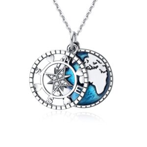 yfn compass pendant necklace sterling silver navy anchor travel map necklace for women men (go in the direction of your dream necklace)