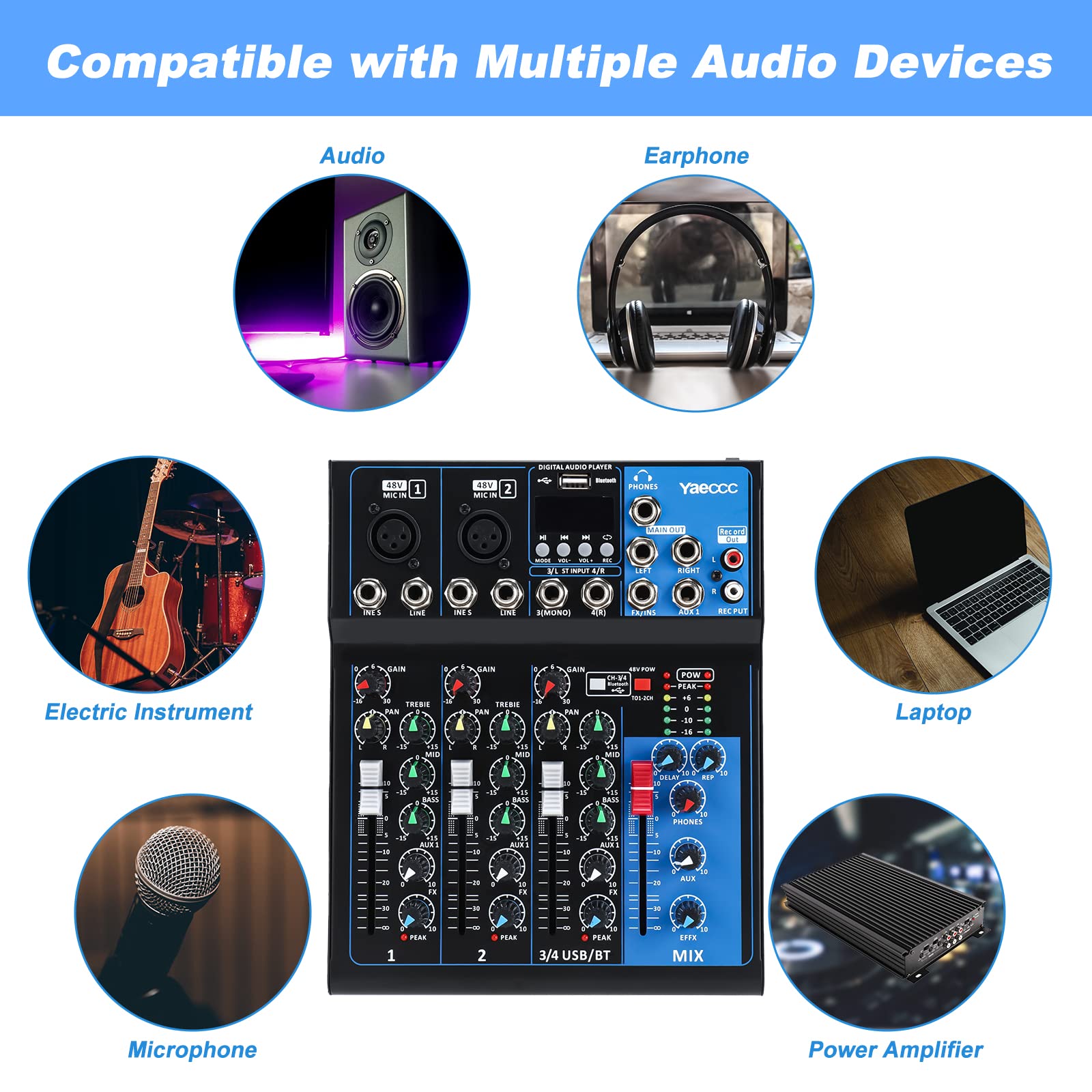 4 Channel Live Studio Stereo Audio bluetooth Mixer Sound Mixing DJ USB Console