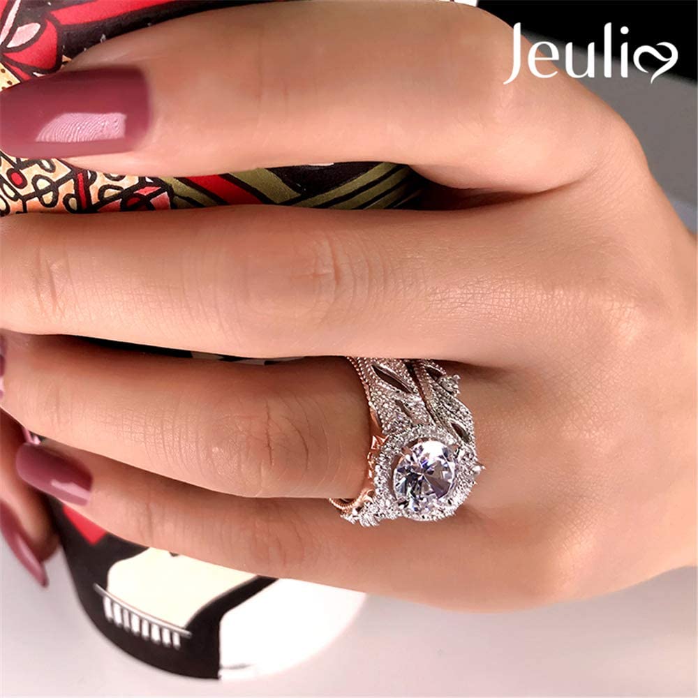 Jeulia 4 Carat Leaf Rings for Women 925 Sterling Silver 18 K Rose Gold Plated Round Cut Engagement Ring Set White Diamond Halo Cubic Zirconia Wedding band CZ Solitaire Anniversary Promise Rings (7)