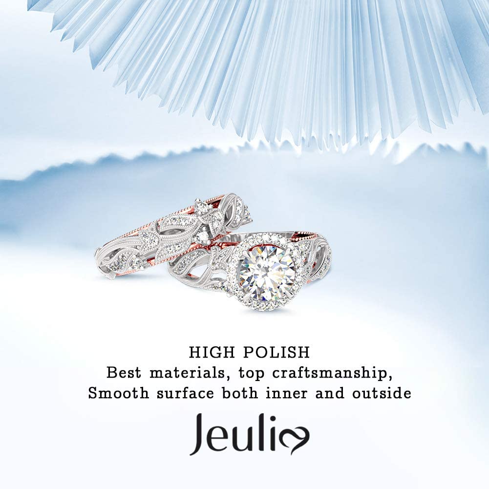 Jeulia 4 Carat Leaf Rings for Women 925 Sterling Silver 18 K Rose Gold Plated Round Cut Engagement Ring Set White Diamond Halo Cubic Zirconia Wedding band CZ Solitaire Anniversary Promise Rings (7)