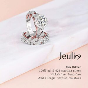 Jeulia 4 Carat Leaf Rings for Women 925 Sterling Silver 18 K Rose Gold Plated Round Cut Engagement Ring Set White Diamond Halo Cubic Zirconia Wedding band CZ Solitaire Anniversary Promise Rings (7)