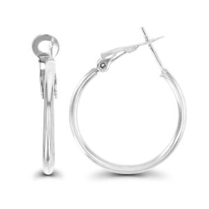 sterling silver polished omega back hoop earrings for women | 2x25mm round hoop earrings | secure bar closure | 14k plated shiny classic earrings