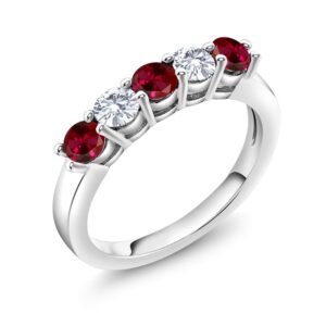 Gem Stone King 925 Sterling Silver Red Created Ruby and White Moissanite 5-Stone Wedding Anniversary Band Ring For Women (1.07 Cttw, Gemstone July Birthstone, Available In Size 5, 6, 7, 8, 9)