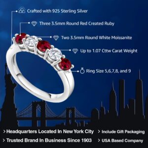 Gem Stone King 925 Sterling Silver Red Created Ruby and White Moissanite 5-Stone Wedding Anniversary Band Ring For Women (1.07 Cttw, Gemstone July Birthstone, Available In Size 5, 6, 7, 8, 9)