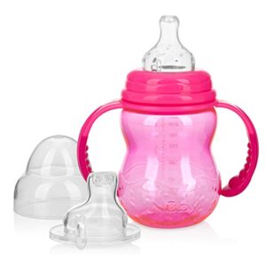 nuby 3 stage tritan wide neck grow with me no-spill bottle to cup, pink, 5", 8 oz