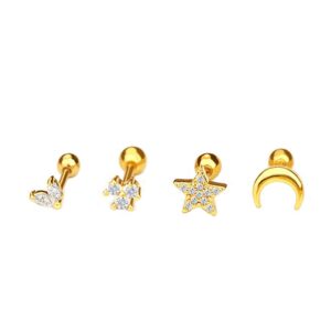 newzenro star moon 16g ear cartilage helix surgical stainless steel cubic zirconia studs cartilage earrings huggie screw backs ear tragus auricle nose lip piercing jewelry set (gold)