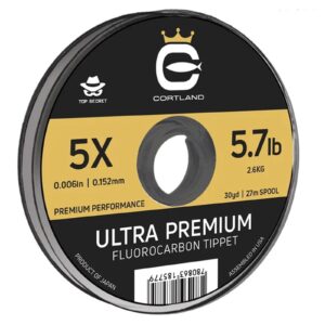 cortland ultra premium fluorocarbon durable flexible abrasion-resistant trout tippet with plasma finish for freshwater | nymphing/dry fly fishing/streamer fishing, 30 yds, 01x- 17.3 lb