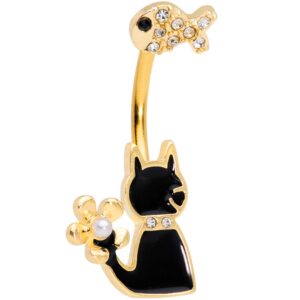 body candy womens 14g pvd steel navel ring piercing cat fishing black cat double mount belly button ring