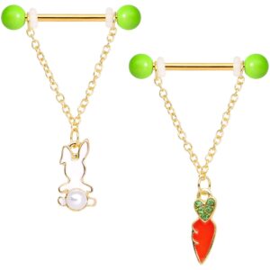 body candy womens 14g nipplerings piercing pvd steel 2pc easter bunny chain dangle nipple ring set 9/16"