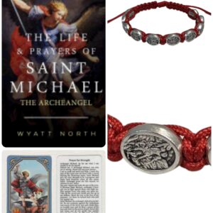 20th Street Products Saint Michael- Red- Slipknot Adjustable Bracelet plus The Life and Prayers of Saint Michael The Archangel book and Saint Michael Laminated Prayer Card