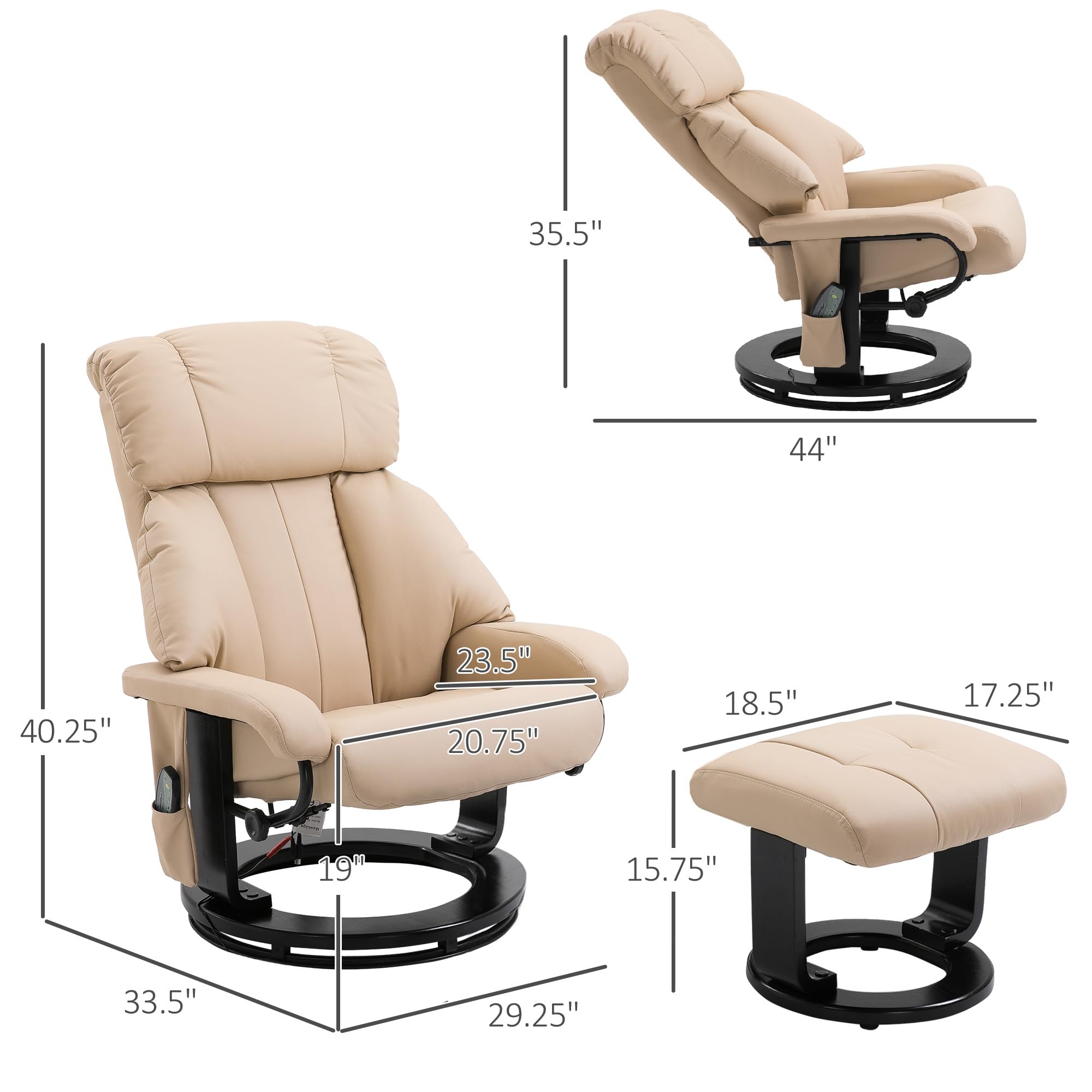 HOMCOM Massage Recliner Chair with Ottoman, 360° Swivel Recliner and Footstool, 10 Point Vibration, PU Leather Reclining Chair with Side Pocket and Remote Control, Beige