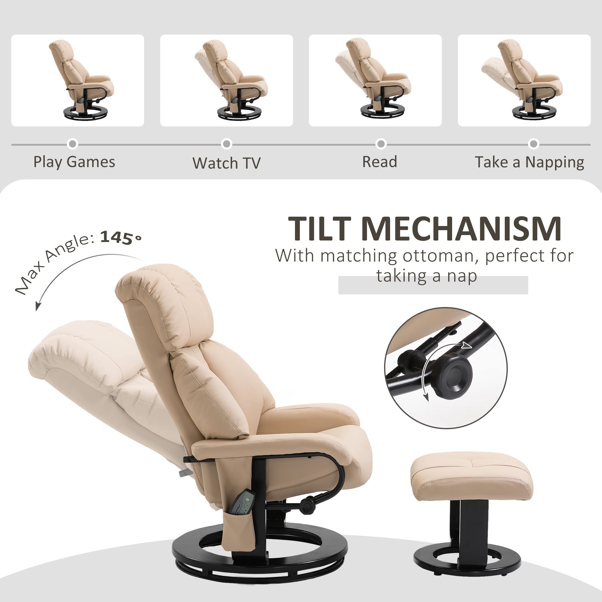 HOMCOM Massage Recliner Chair with Ottoman, 360° Swivel Recliner and Footstool, 10 Point Vibration, PU Leather Reclining Chair with Side Pocket and Remote Control, Beige