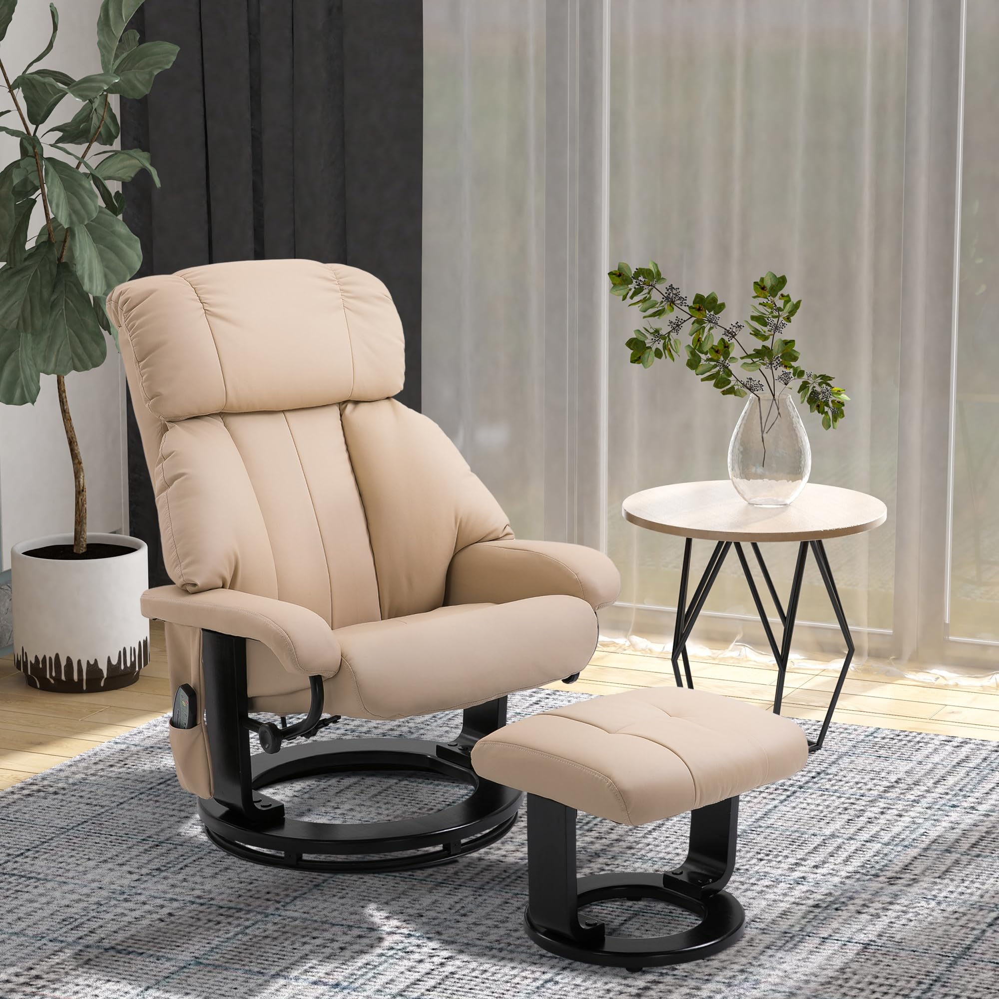 HOMCOM Massage Recliner Chair with Ottoman, 360° Swivel Recliner and Footstool, 10 Point Vibration, PU Leather Reclining Chair with Side Pocket and Remote Control, Beige