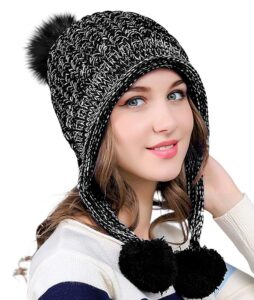 docila winter knit hats for women soft faux fur pom ear flaps beanie warm travel ear covers peruvian hat fleece liner sherpa skii snow camping skully cap (black)